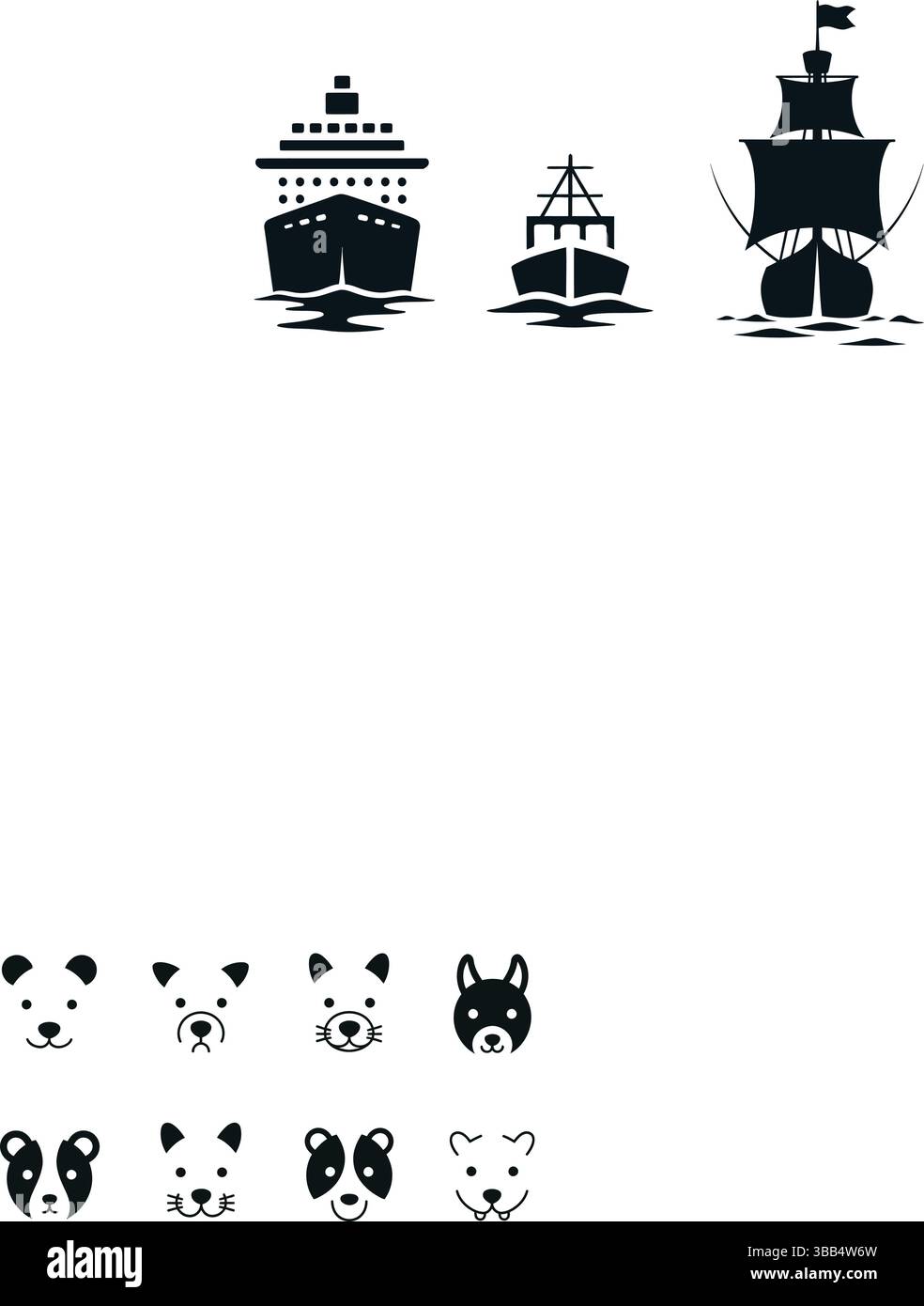 Minimal vector icons set of ship silhouettes and cute animal faces on ...