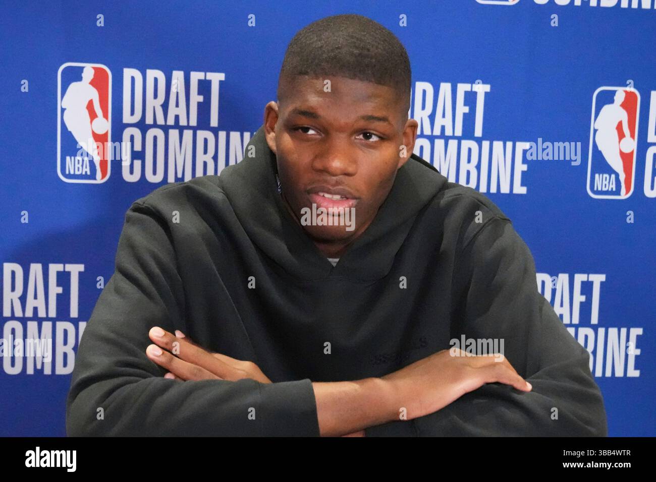 Cedric Coward talks to media at the 2025 NBA basketball Draft Combine ...