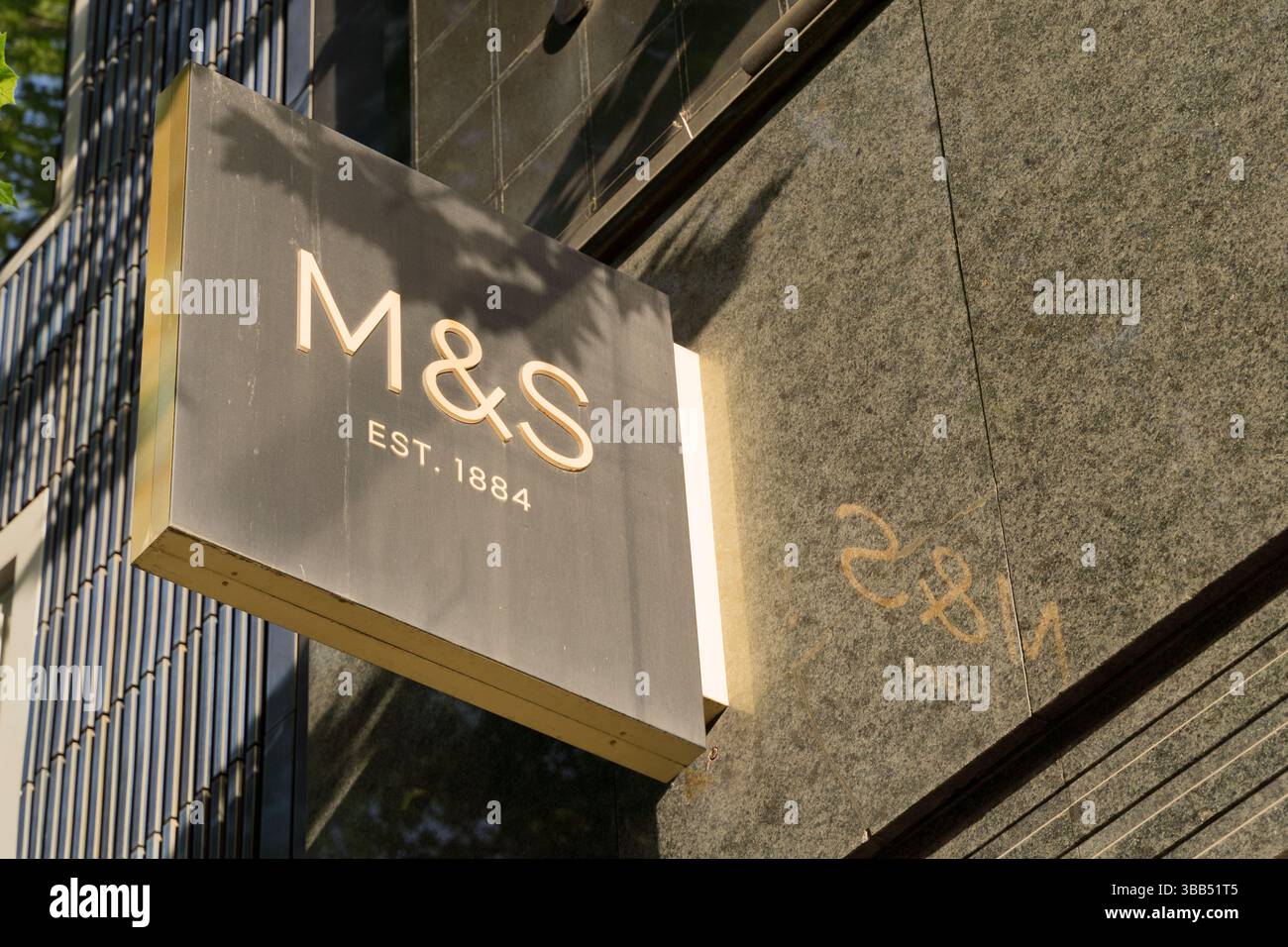M&S department store logo and branding displayed on the exterior wall ...