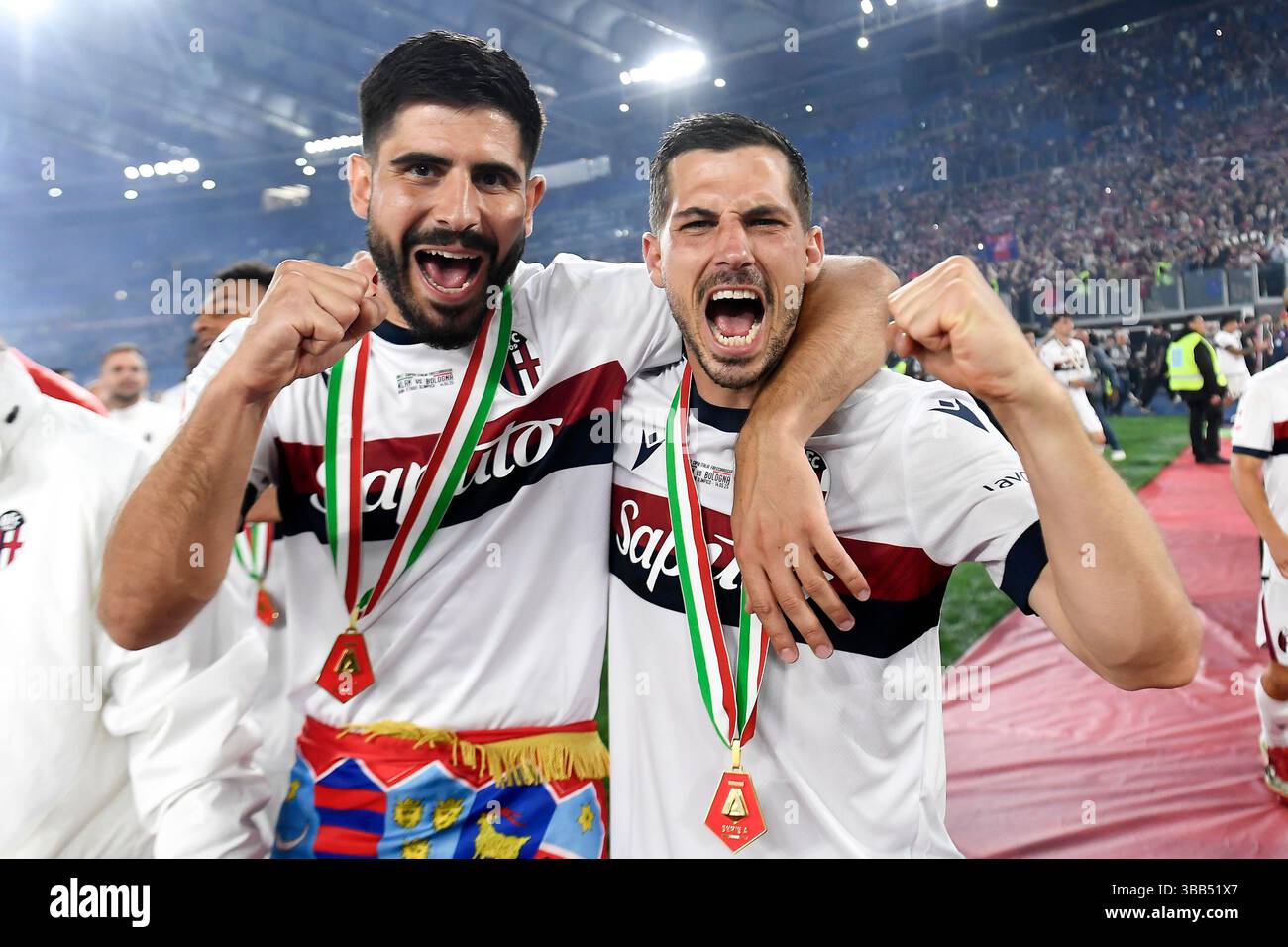 Rome, Italy. 14th May, 2025. Martin Erlic and Remo Freuler of Bologna ...