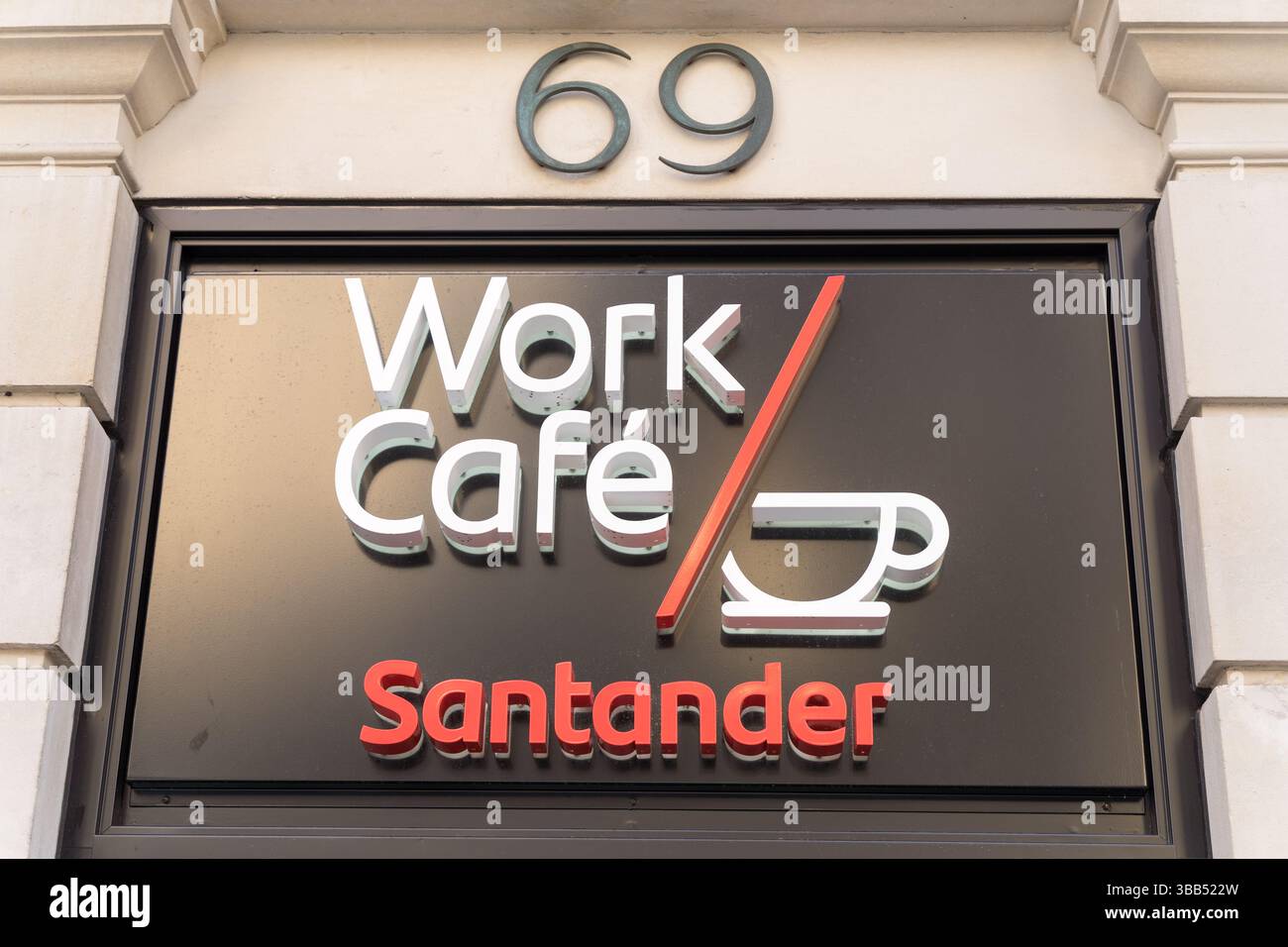 Work Café Symbol Displayed above entrance to Santander Bank Branch in ...