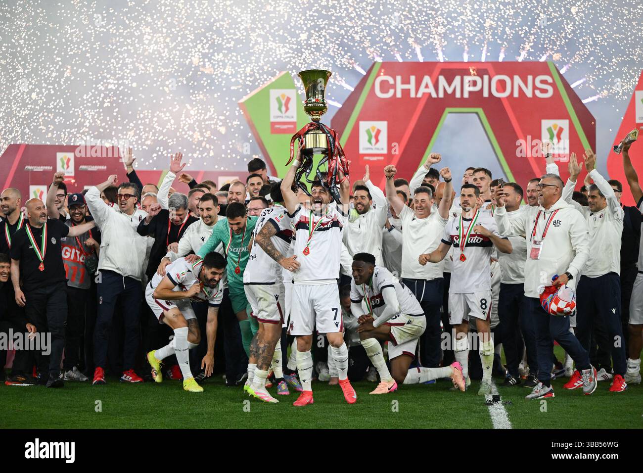 Bologna FC players lift the Italian Cup trophy as they celebrate on the ...