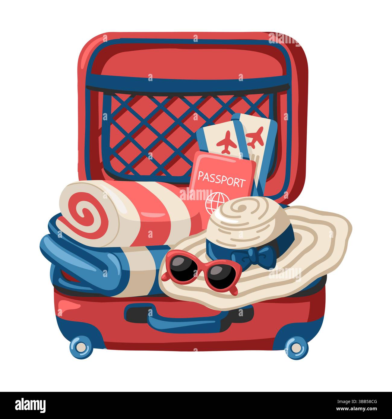 Summer suitcase with travel essentials: towel, hat, passport and ...