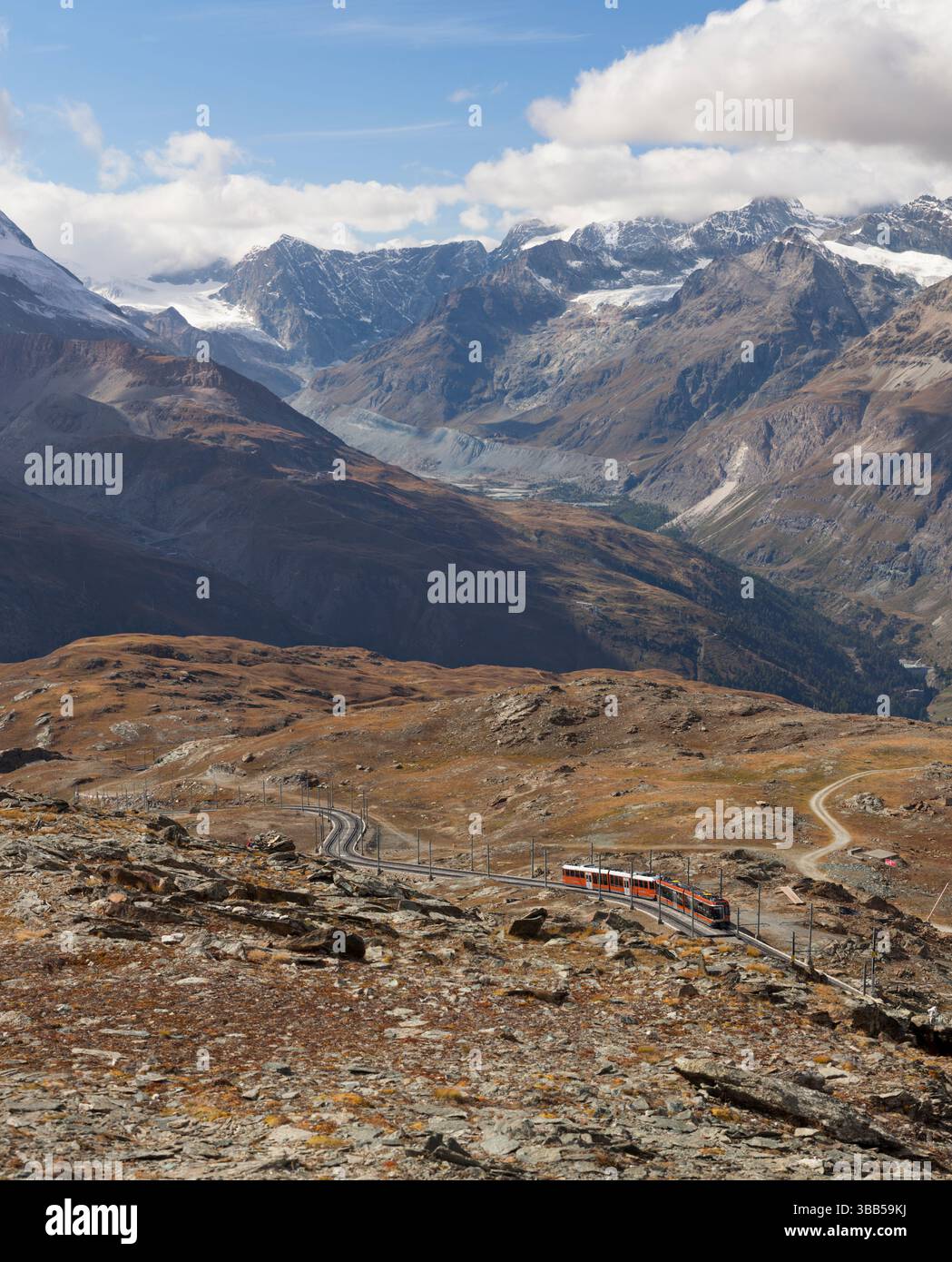 Train on the Gornergrat Gotthard Bahn Railway climbing through the ...