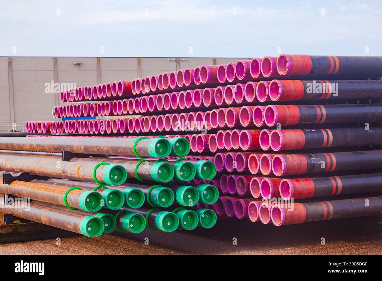Open warehouse for storing steel pipes of various diameters on the ...