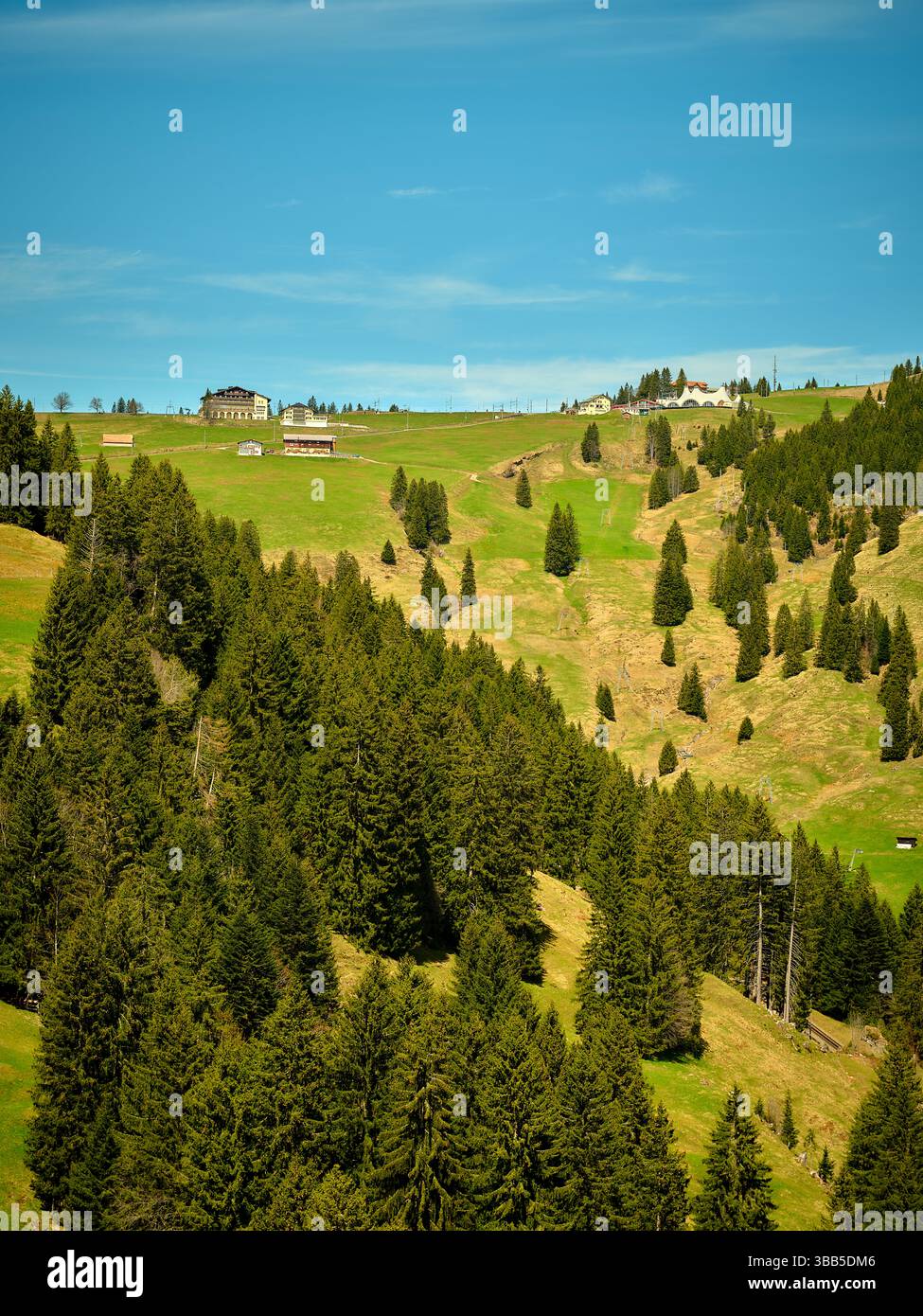 Lush green hills stretch under a clear blue sky, dotted with rustic ...