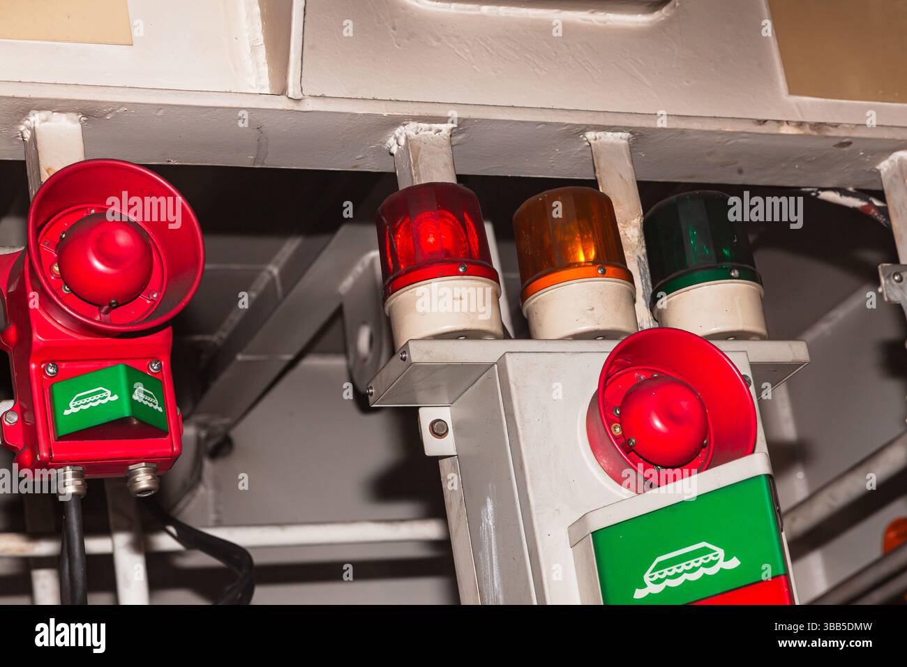 Ship's engine room alarm stand with various alarm options Stock Photo ...