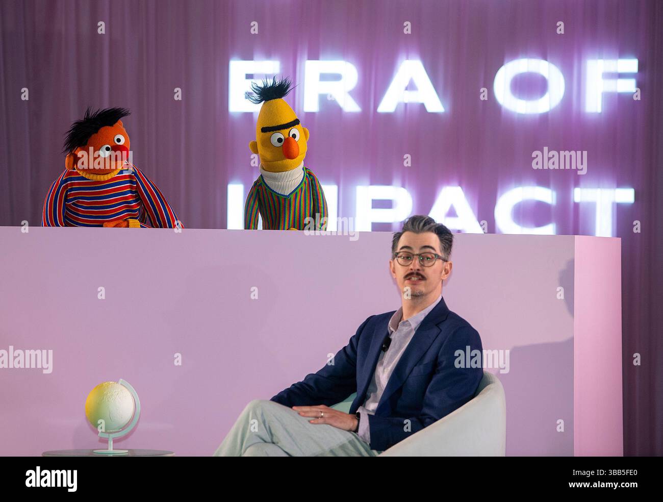 Sesame Street's Bert and Ernie speak with Sal Perez, executive producer and VP of Sesame Street ...