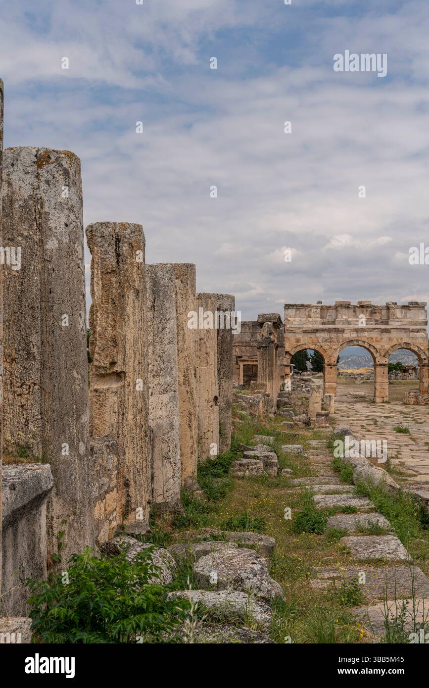 A long row of stone columns lines the colonnaded street at Hierapolis ...