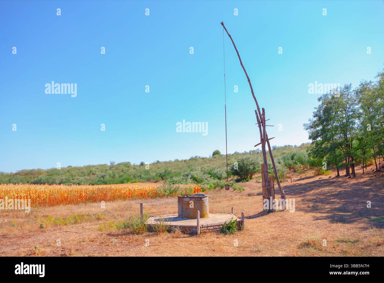 Rustic well with a long wooden lever and a cylindrical base situated in ...