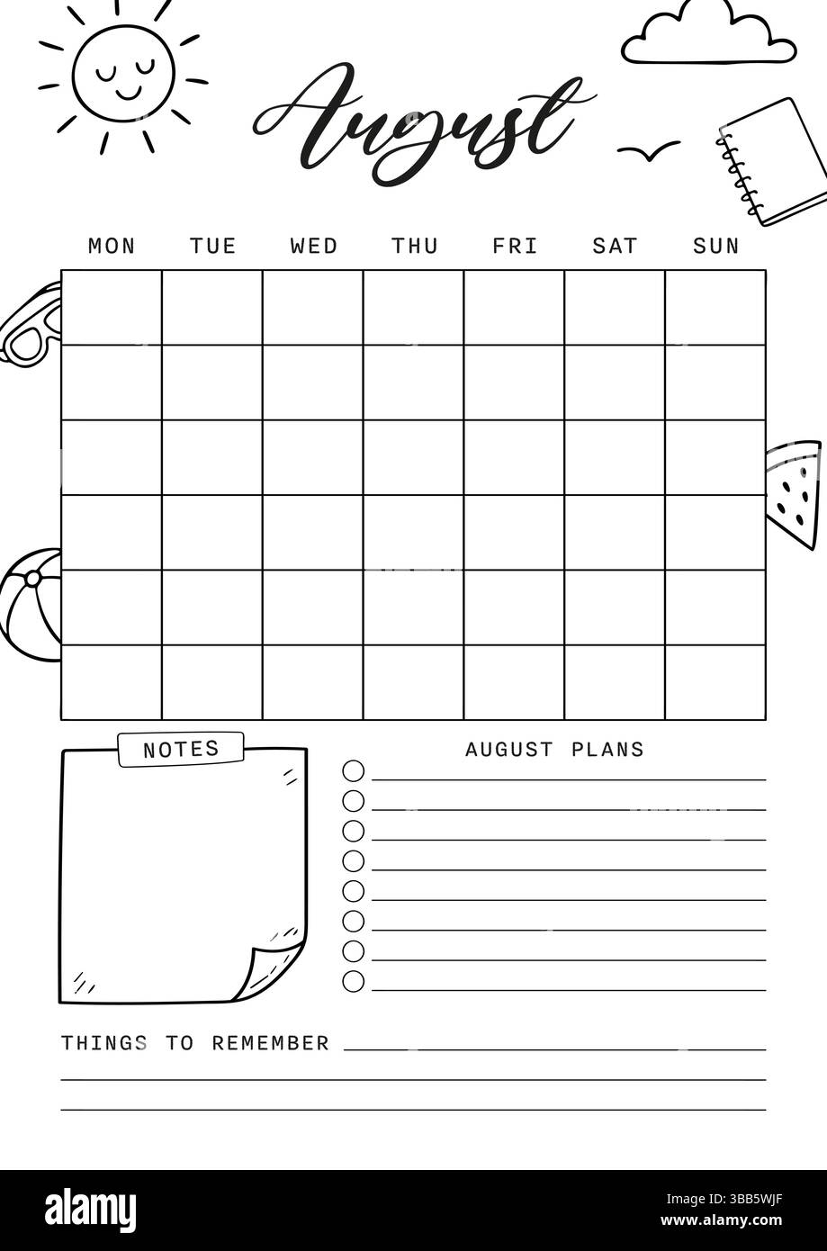August calendar Summer Journal Printable Planner Page Template, Vector ...