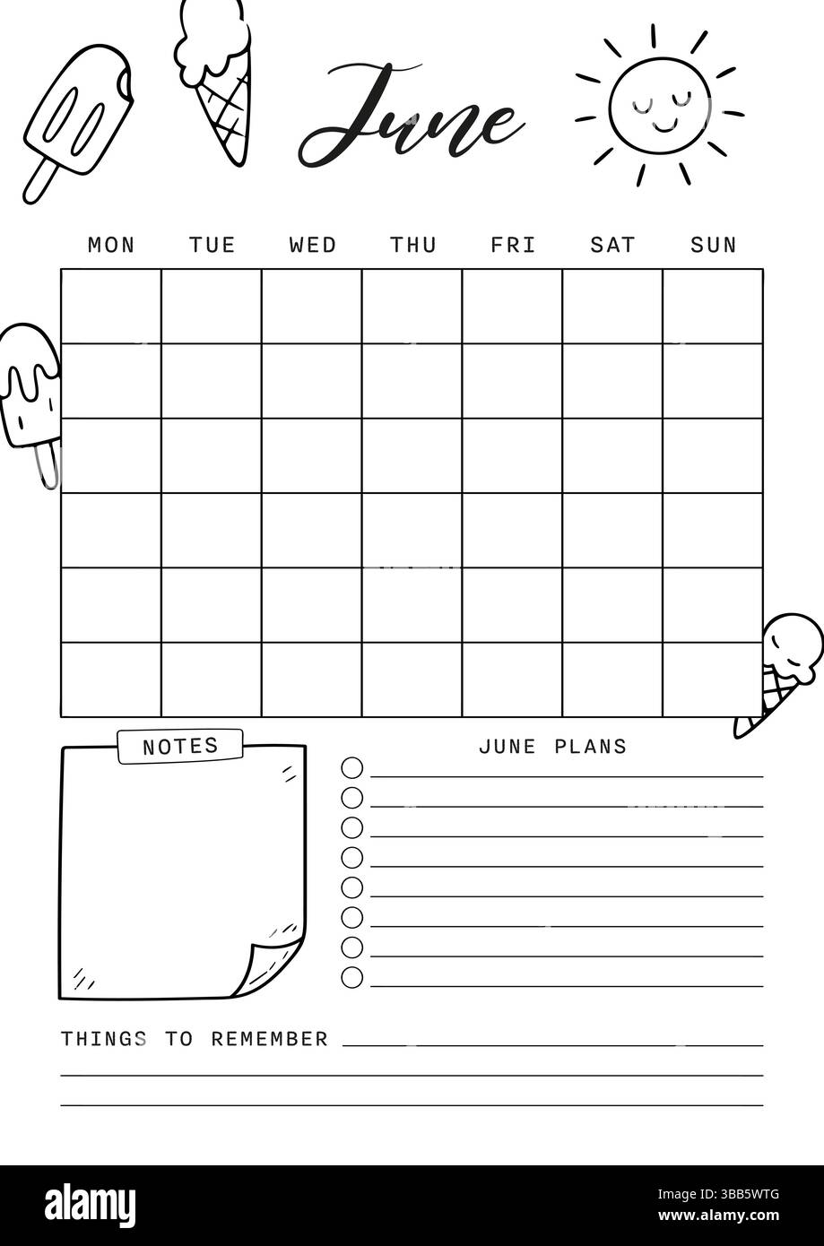 June calendar Summer Journal Printable Planner Page Template, Vector ...