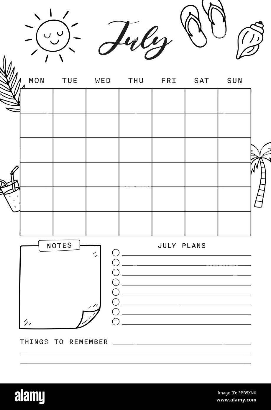 July calendar Summer Journal Printable Planner Page Template, Vector ...