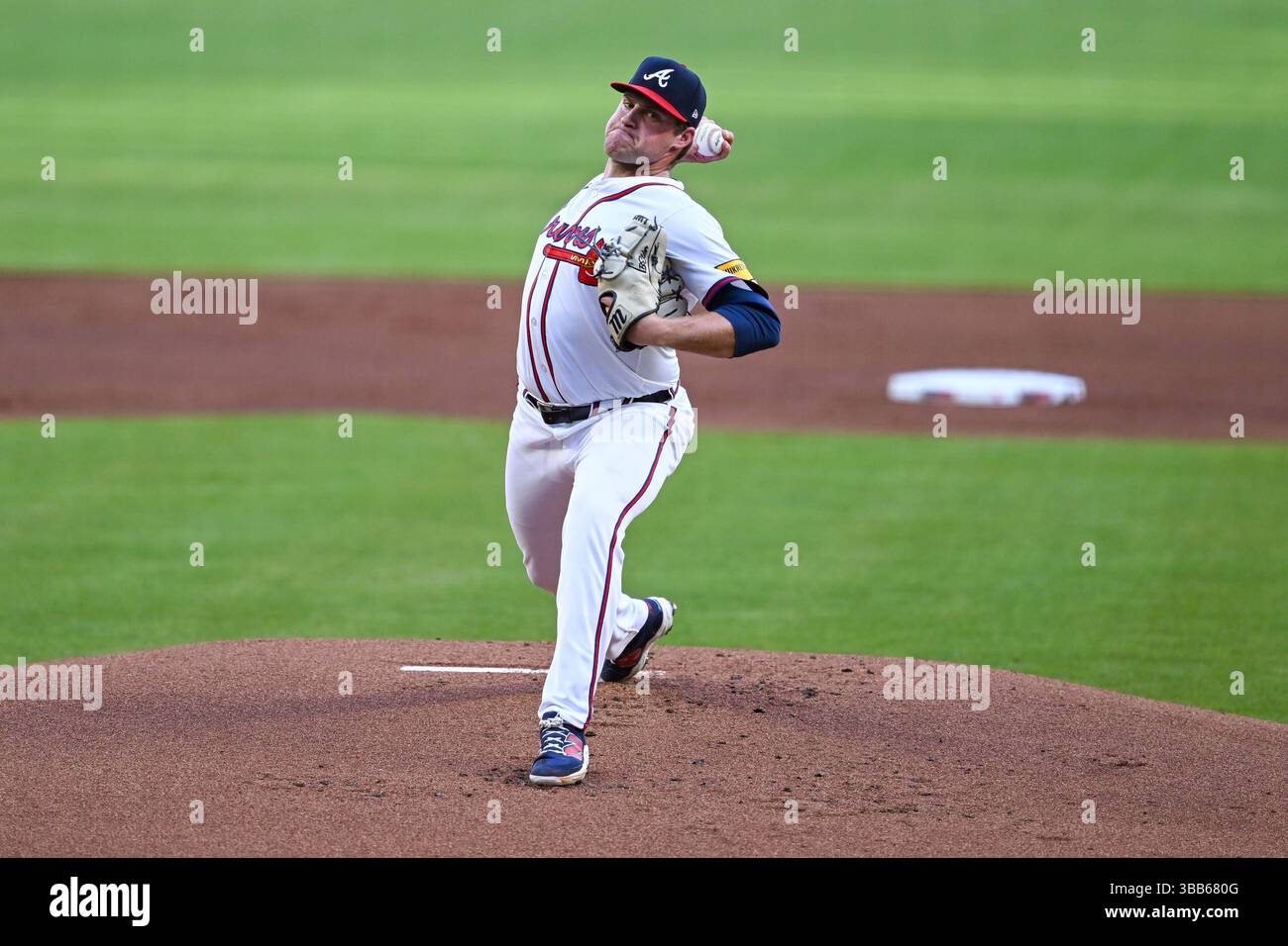 ATLANTA, GA – MAY 14: Atlanta starting pitcher Bryce Elder (55) throws ...