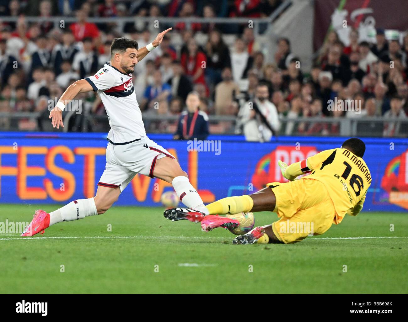 Rome, Italy. 14th May, 2025. AC Milan's goalkeeper Mike Maignan (R ...