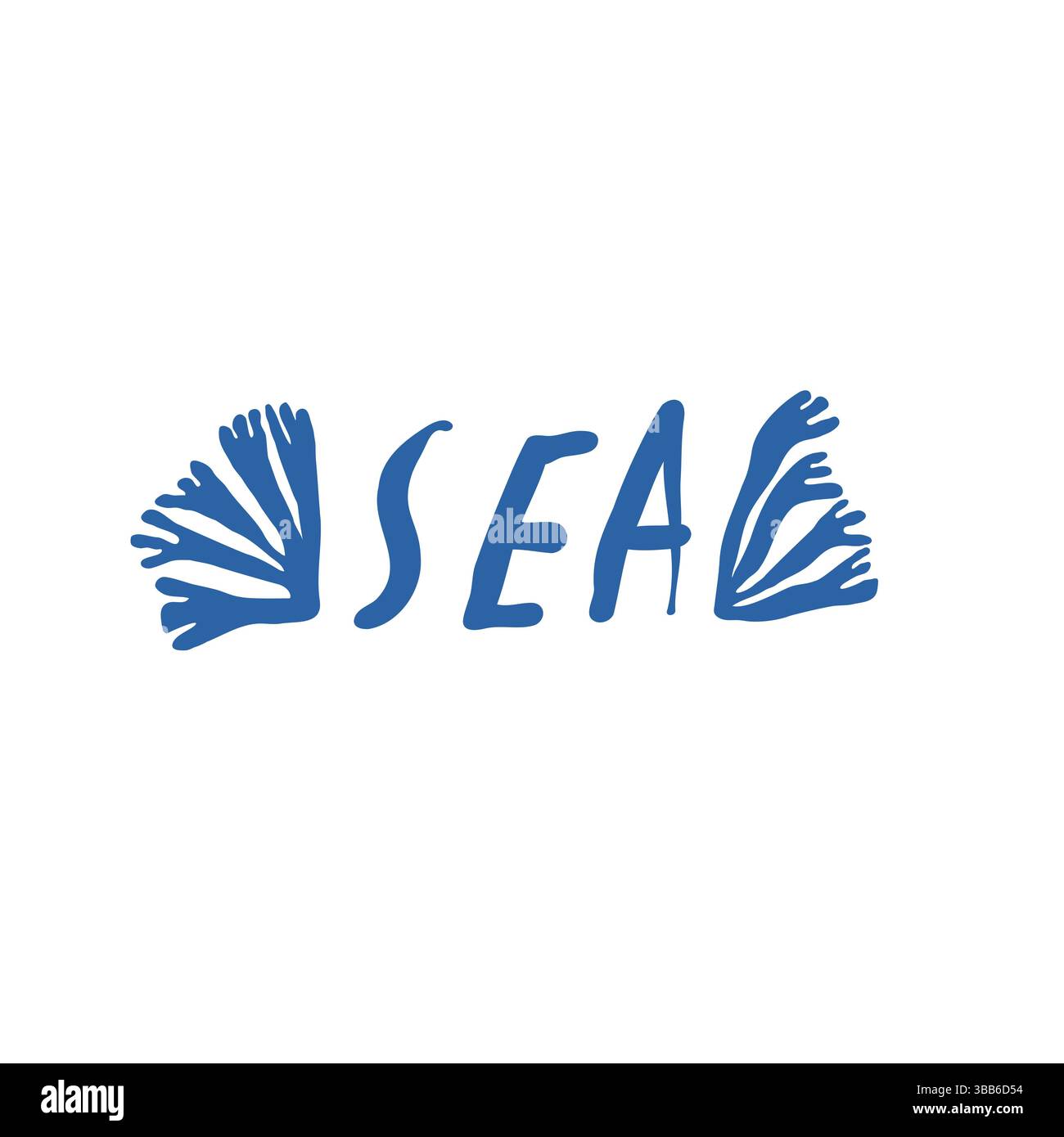 Sea lettering with hand drawn seaweed on both sides in delicate ink ...