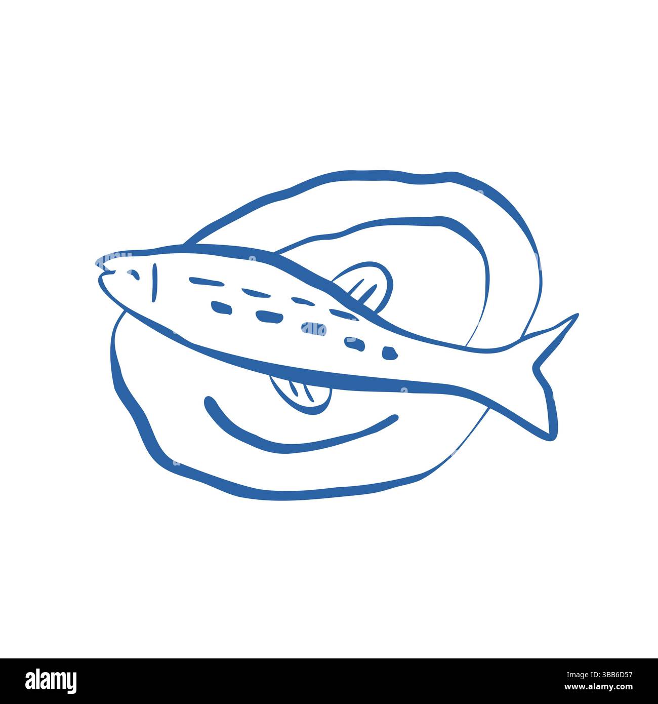 Hand drawn fish on a round plate with rough textured lines in simple ...
