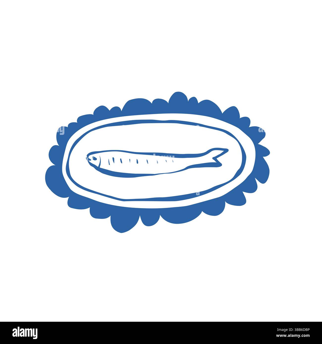 Hand drawn fish in an elegant oval frame with artistic uneven lines on ...