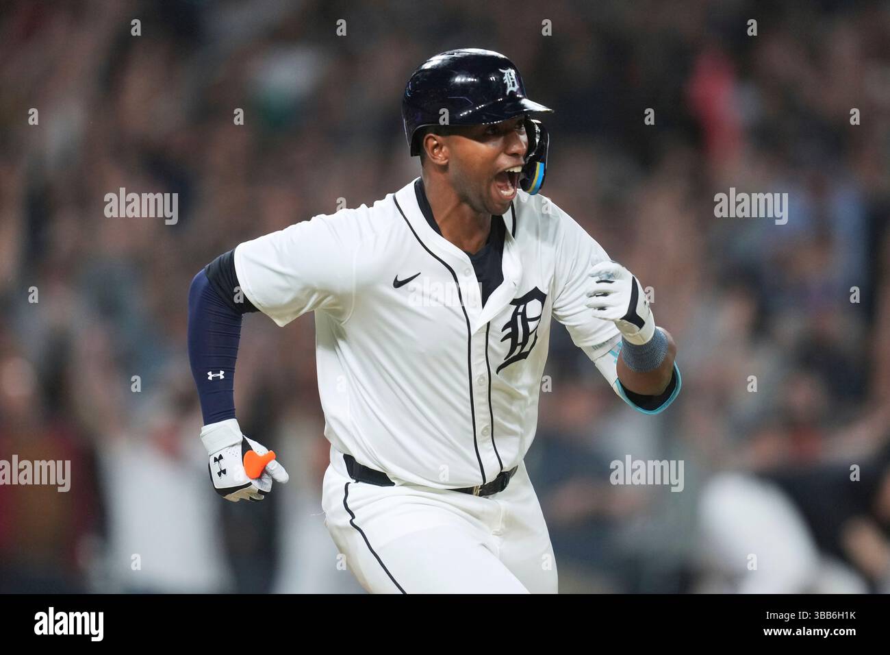 Detroit Tigers' Justyn-Henry Malloy reacts to his single against the ...