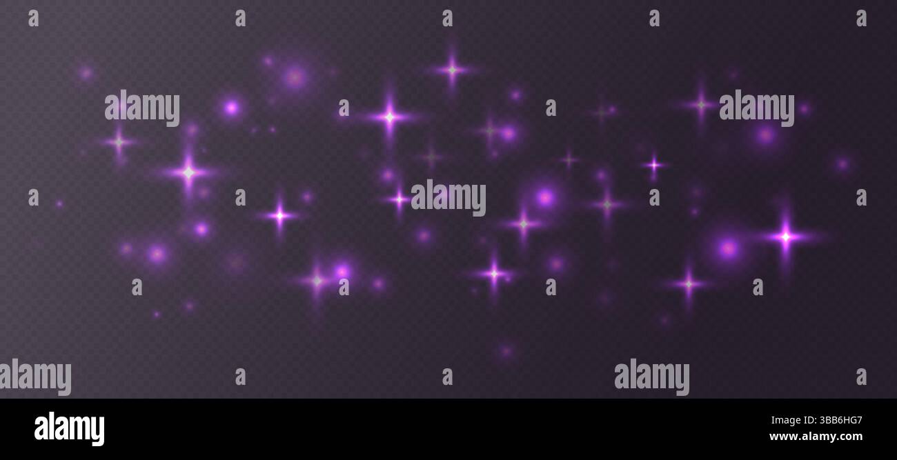 Purple sparkling stars, shiny particles light effect, transparent ...