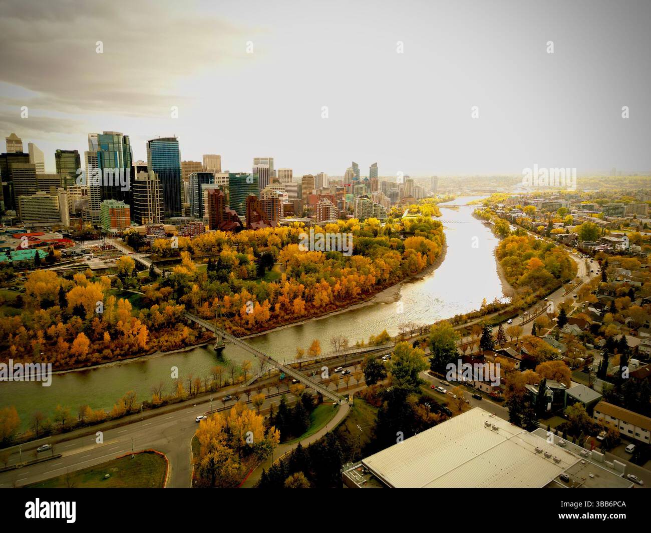 Aerial Views of Calgary Downtown, Trails, and Sunset by the Lake Stock ...