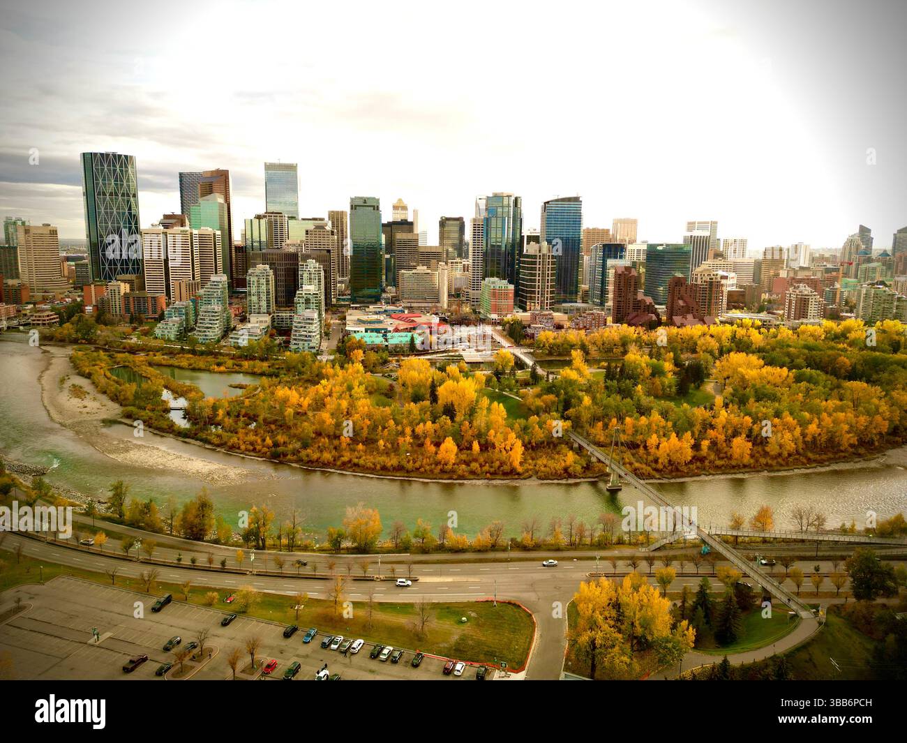 Aerial Views of Calgary Downtown, Trails, and Sunset by the Lake Stock ...