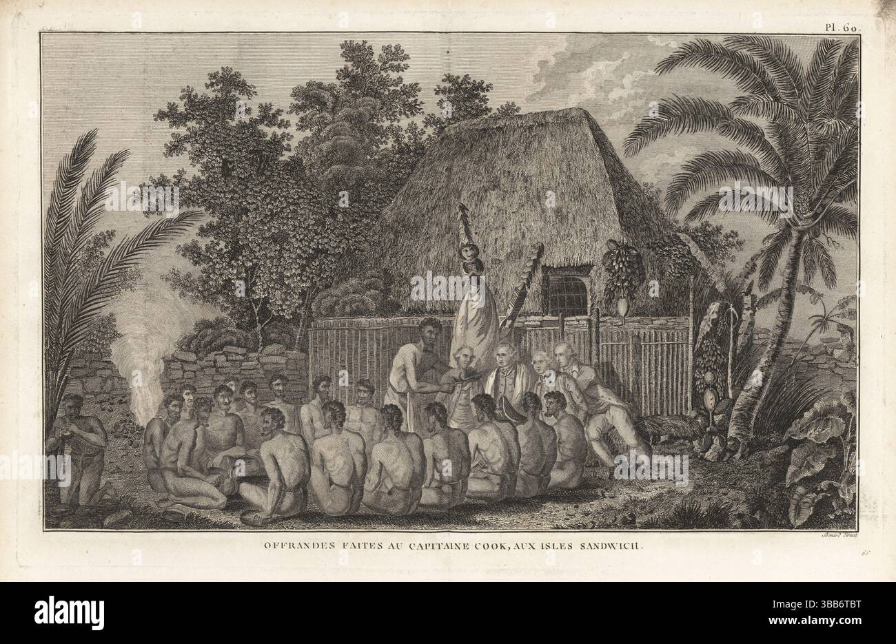 Hawaiian priest offering Captain Cook a roast pig. Cook sits with his ...