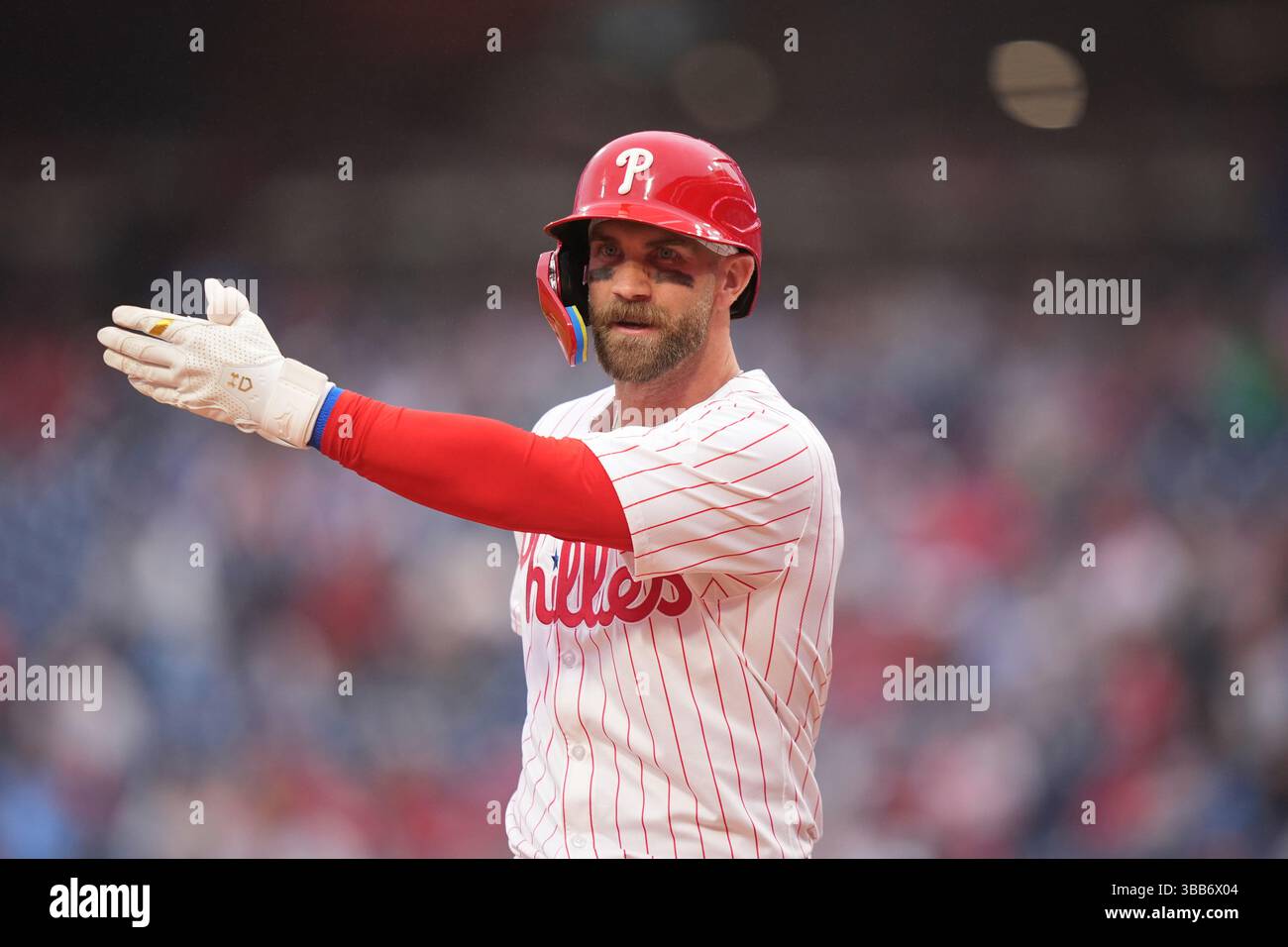Philadelphia Phillies' Bryce Harper reacts during the second baseball game of a doubleheader ...