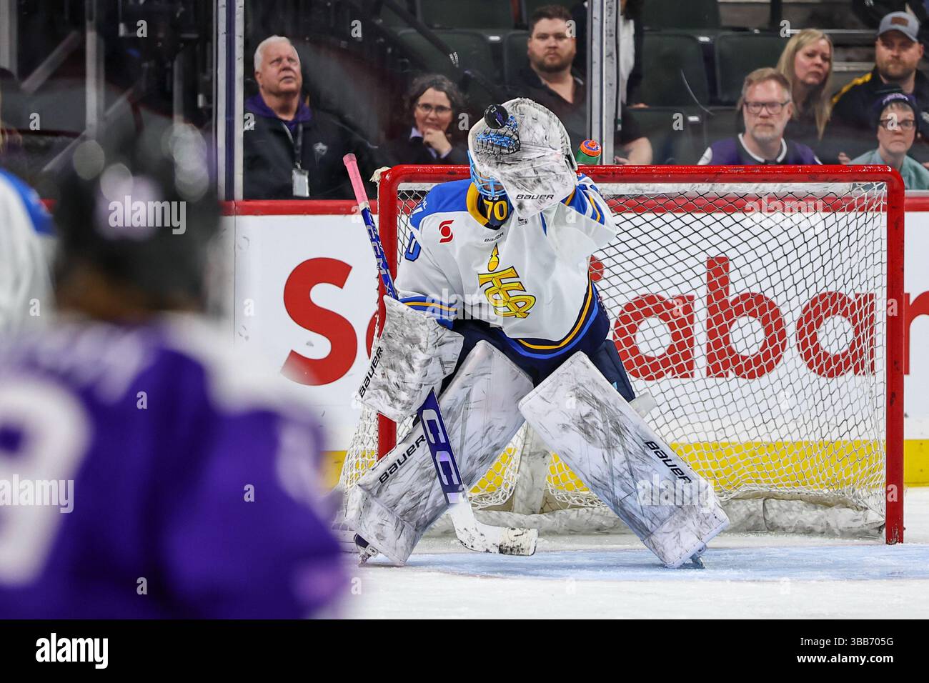 May 14th, 2025: Toronto Sceptres goalie Carly Jackson (70) makes a glove save in overtime during ...