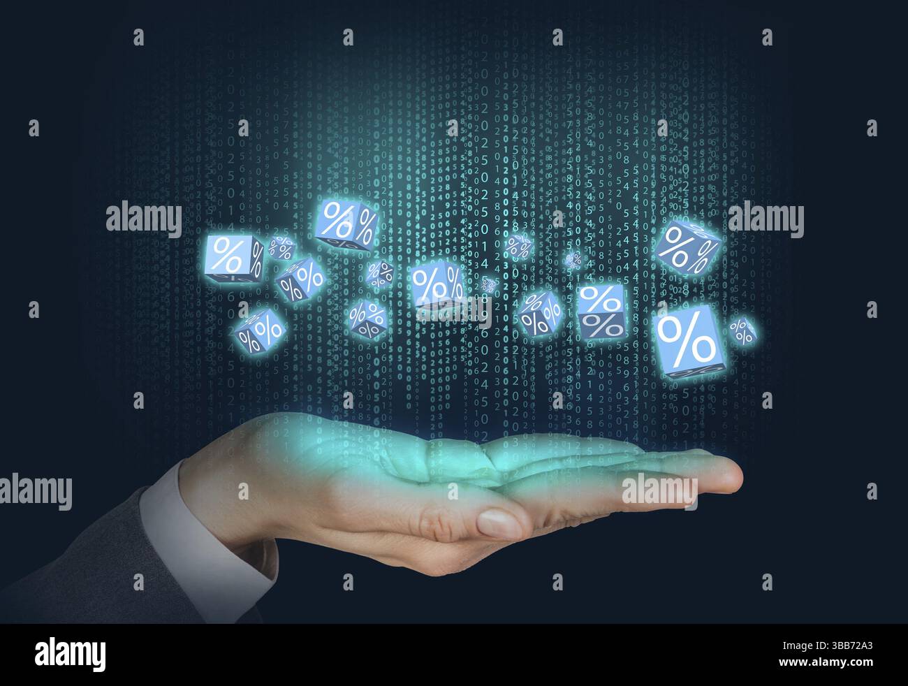 Sales boxes floats on the human hand over matrix background Stock Photo ...