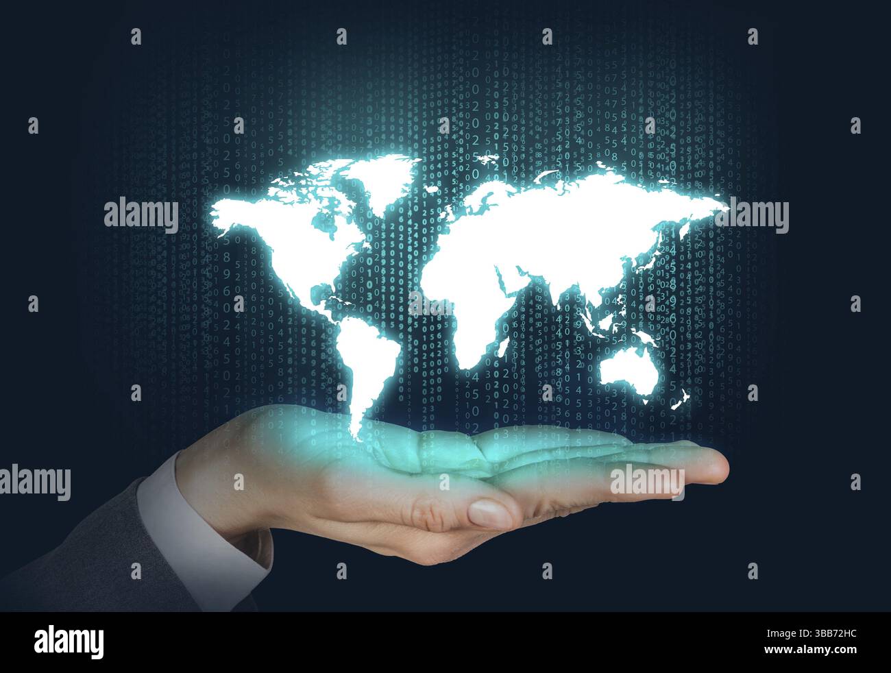 Human open hand with world map on the matrix background. Elements of ...