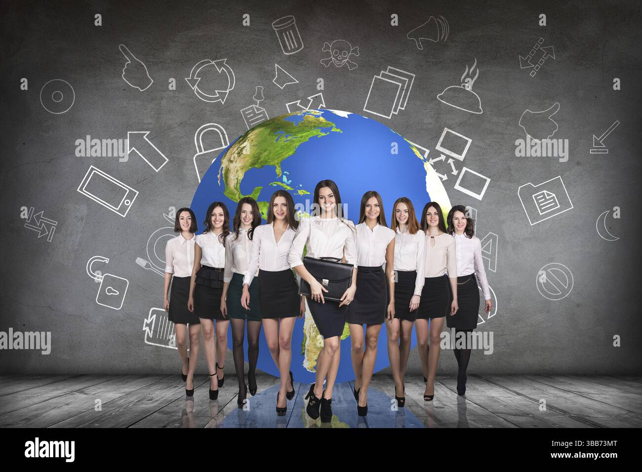 Businesspeople in the gray room and big earth behind . Elements of this ...