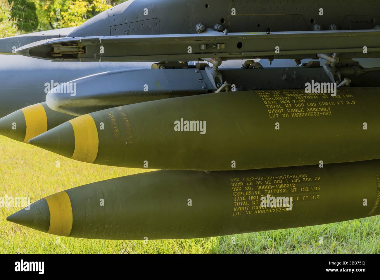 Daejeon, South Korea. October 9, 2019: Closeup Mk-82 bombs mounted under starboard wing of ...