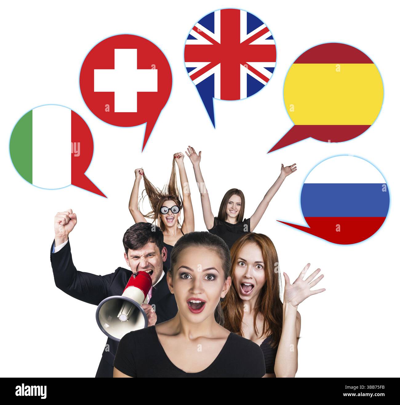 Group of people surrounded by dialogue bubbles with countries flags ...