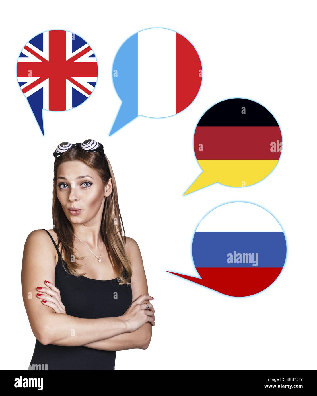 Young woman surrounded by dialogue bubbles with countries flags ...