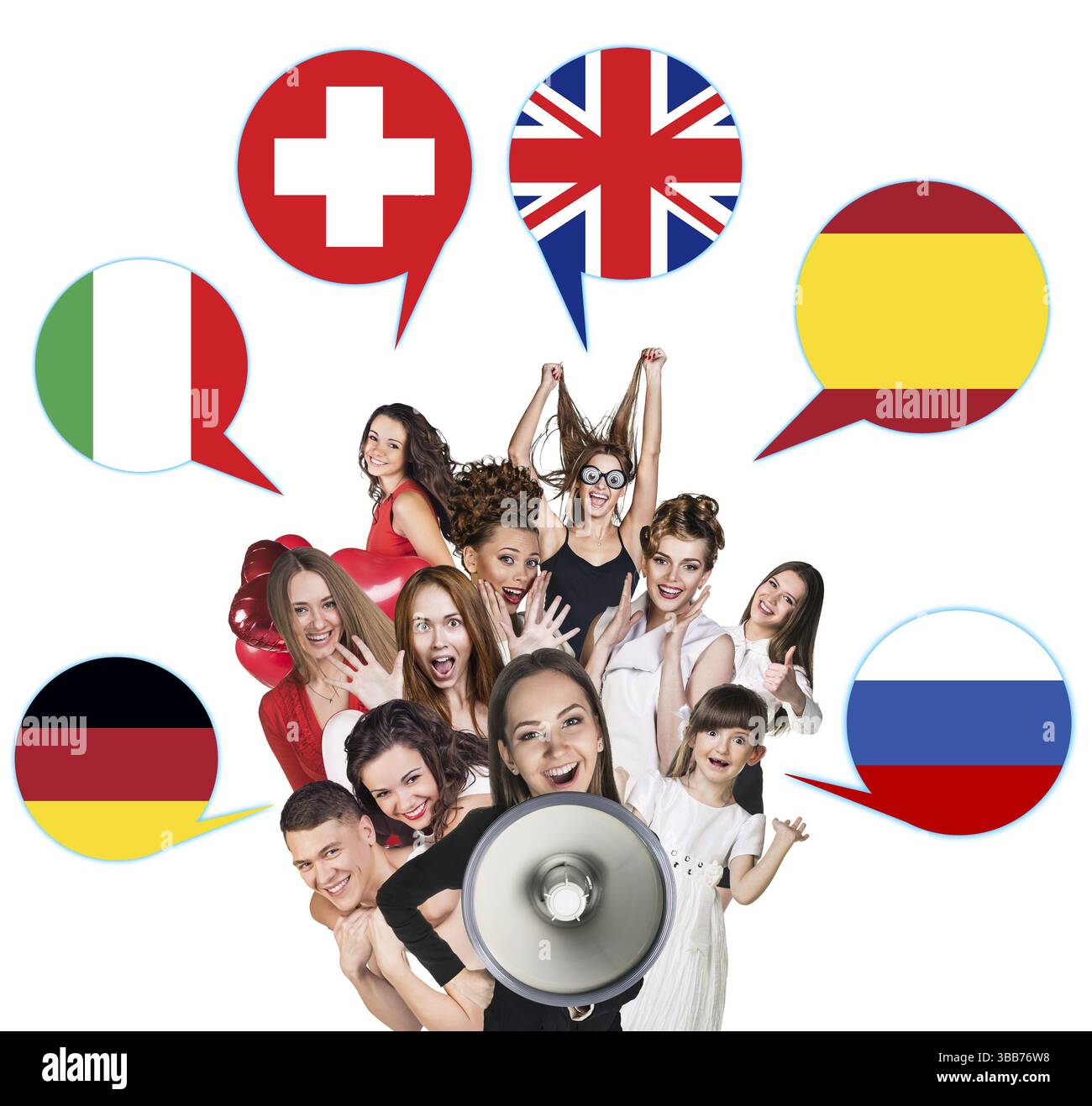 Group of people surrounded by dialogue bubbles with countries flags ...