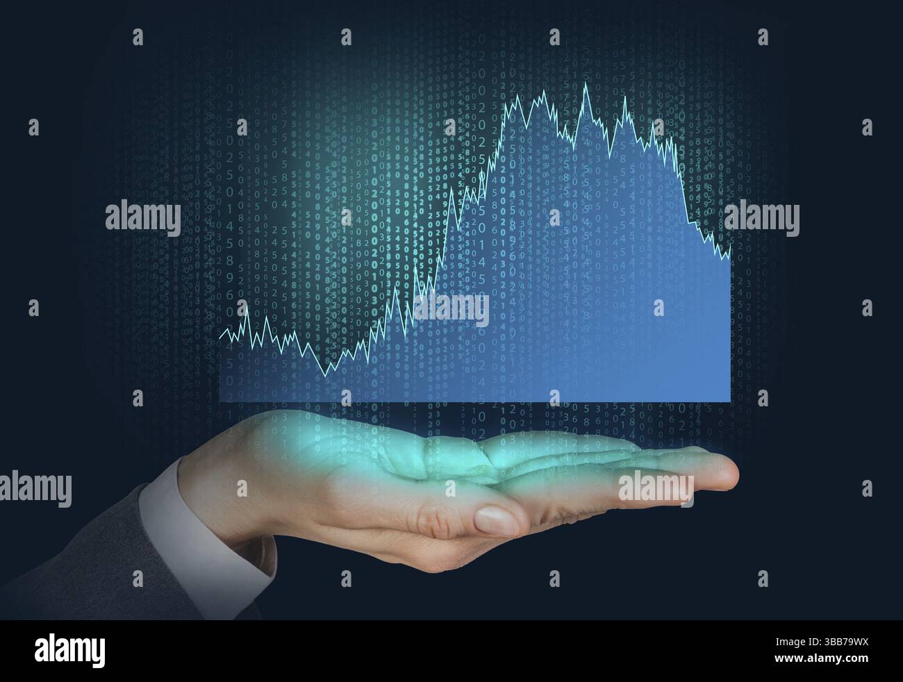 Matrix background with graph aloft on the hand Stock Photo - Alamy