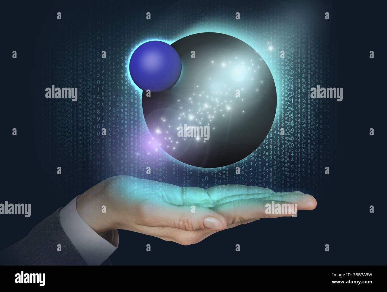 Planets floats on the hand over matrix background Stock Photo - Alamy