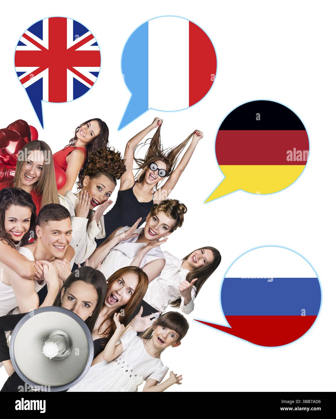 Group of people surrounded by dialogue bubbles with countries flags ...