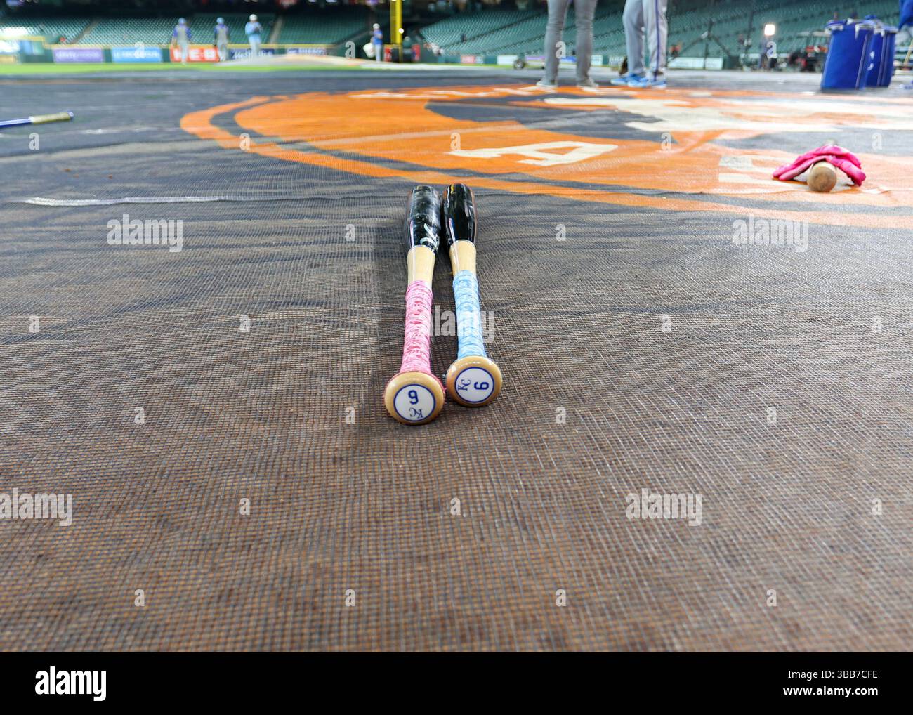 HOUSTON, TX - MAY 14: Bats rest near the practice batting cage during ...