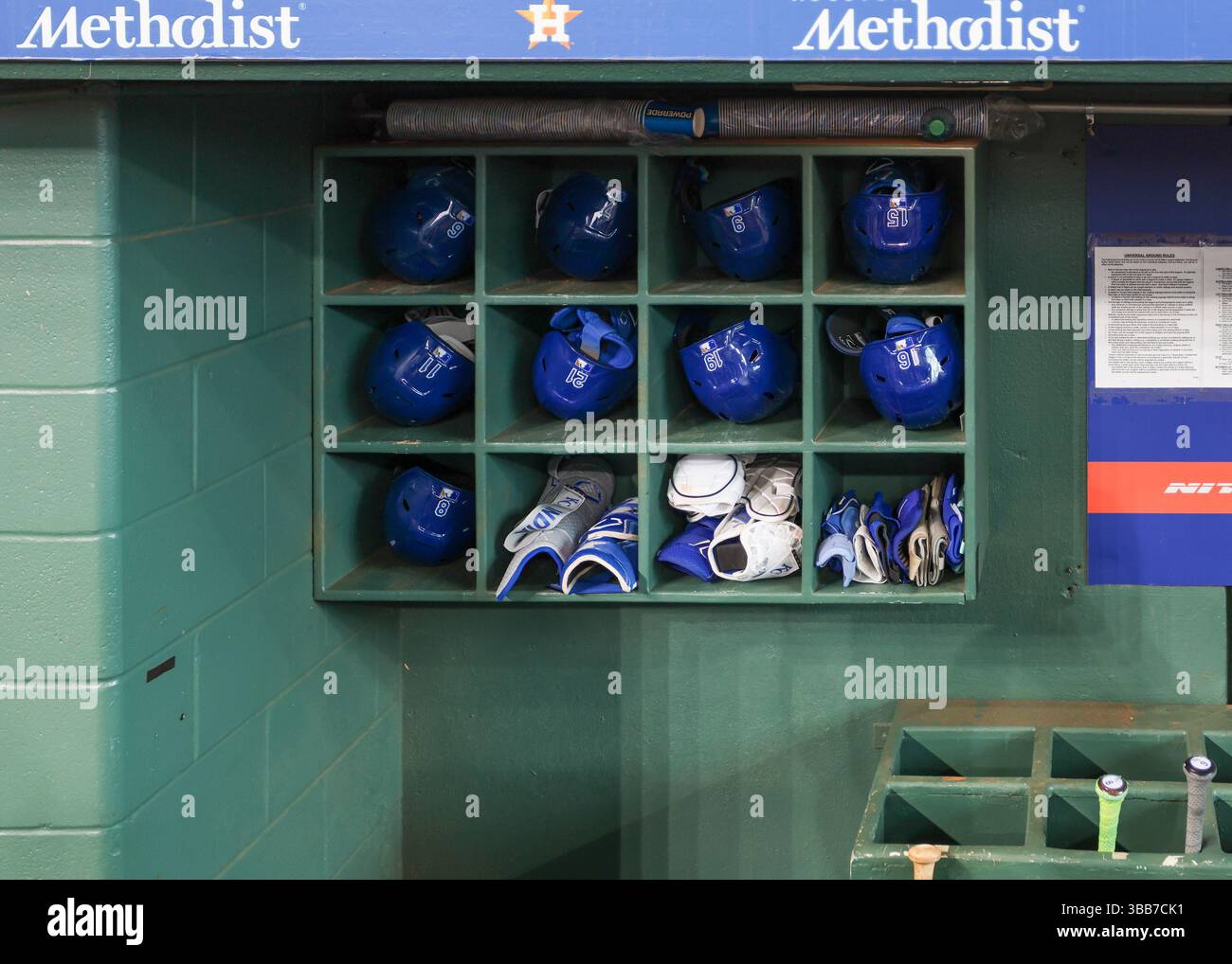 HOUSTON, TX - MAY 14: Visitors' dugout cubby holds Kansas City Royals ...