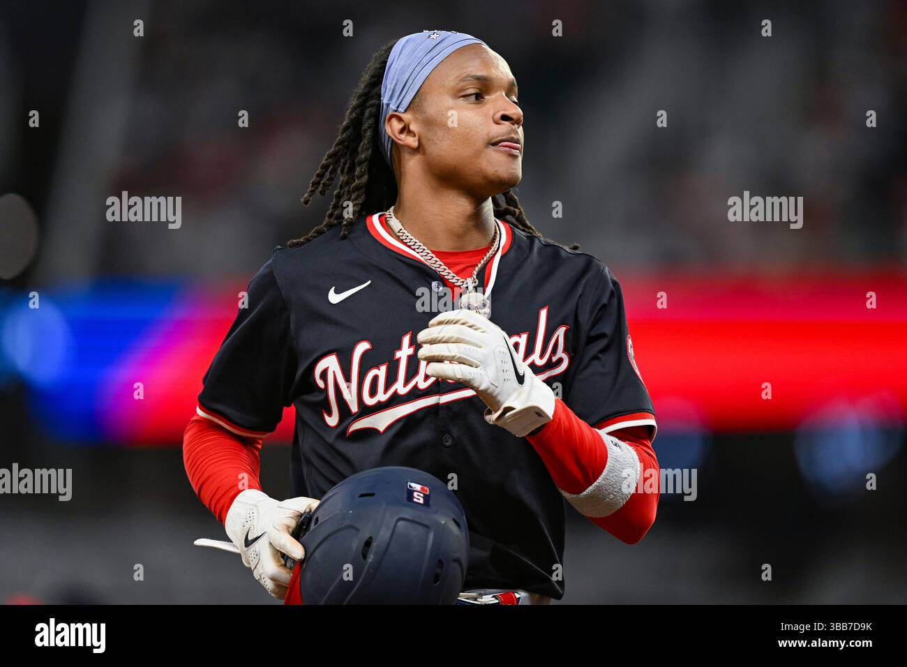 ATLANTA, GA – MAY 14: Washington shortstop CJ Abrams (5) reacts during ...