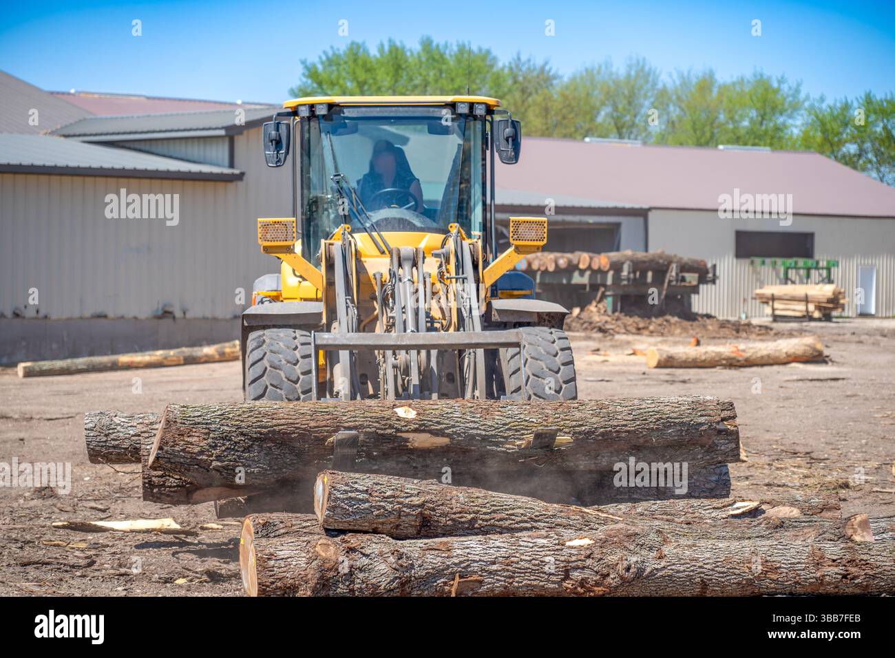 Heavy equipment front loader being used to move logsat a lumber mill ...