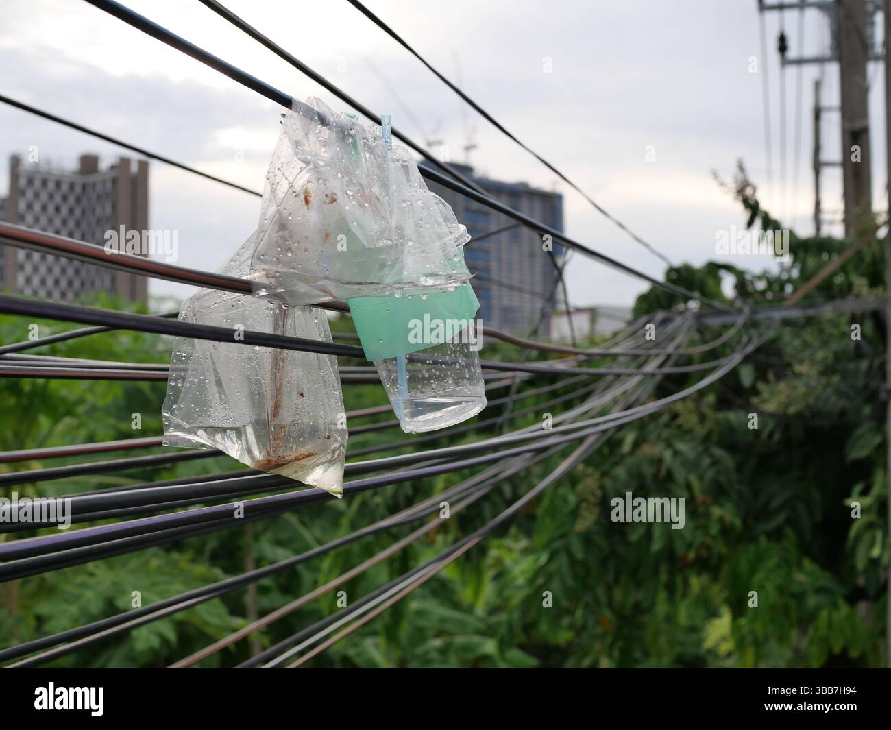 Trash hanging from power lines on Ram Inthra (รามอินทรา) Road, Bangkok ...