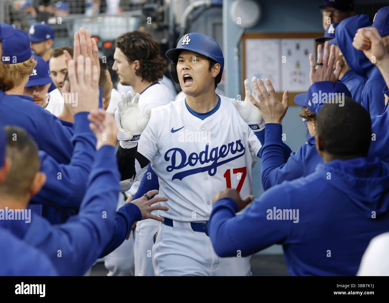 Los Angeles Dodgers designated hitter Shohei Ohtani high-fives ...