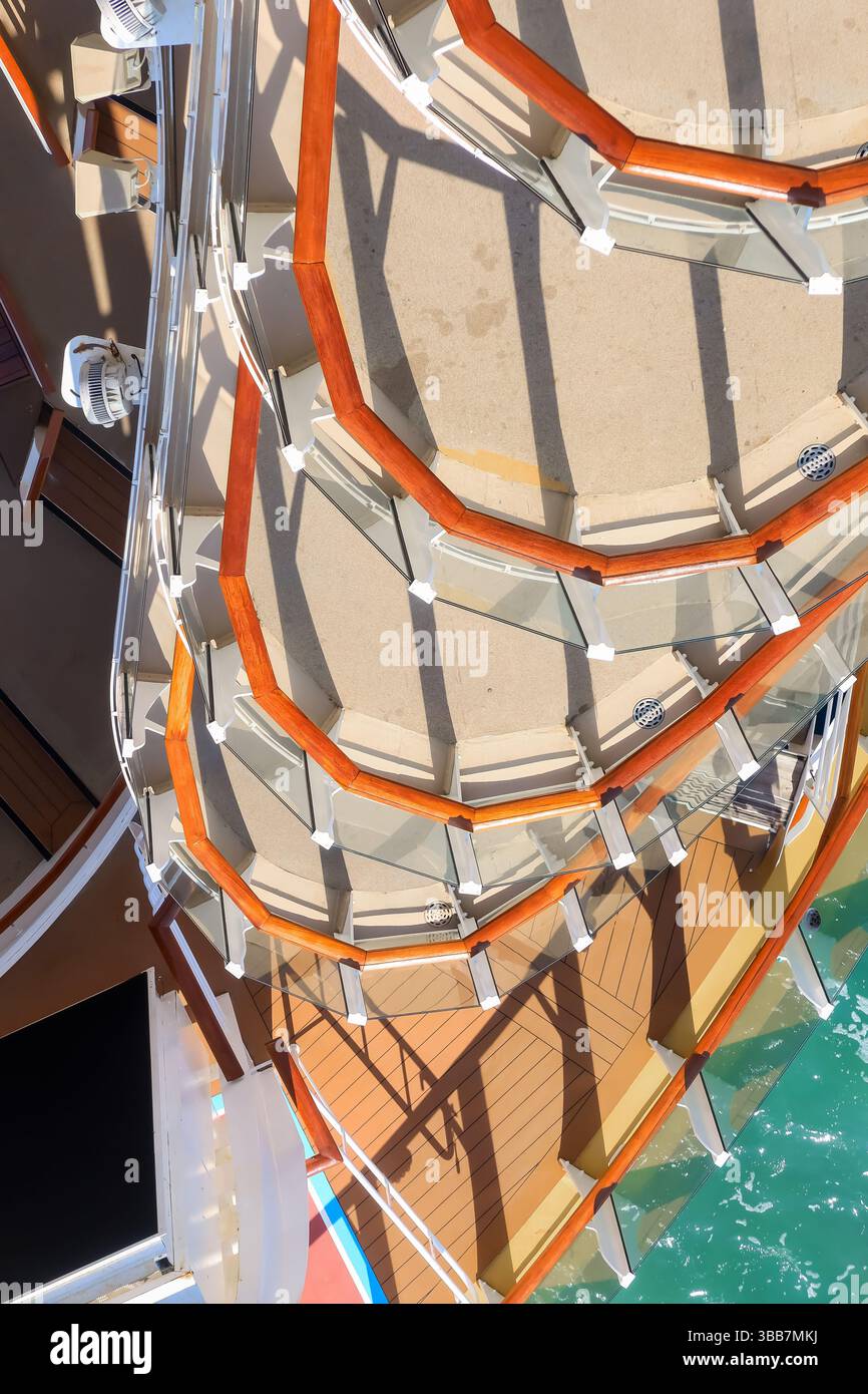 Top down view of different levels of luxury cruise ship deck Stock ...