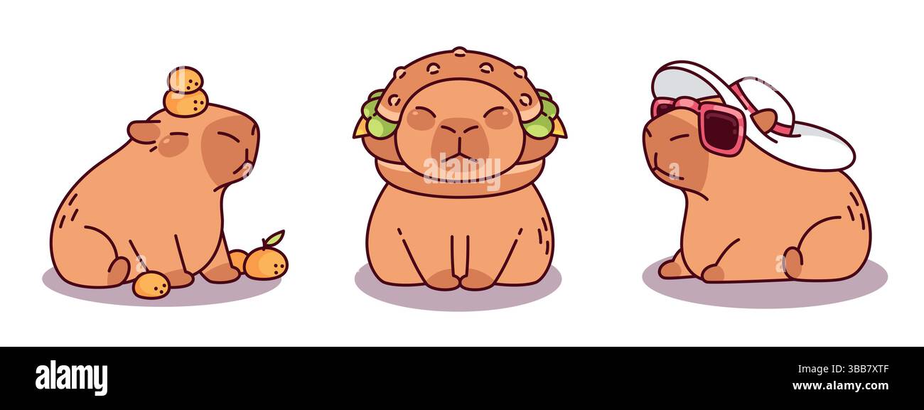 Adorable capybara drawings - joyful smiling creature with tangerines ...