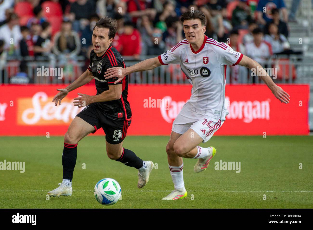 Toronto, Canada. 10th May, 2025. Jared Stroud #8 (L) and Alonso Coello ...