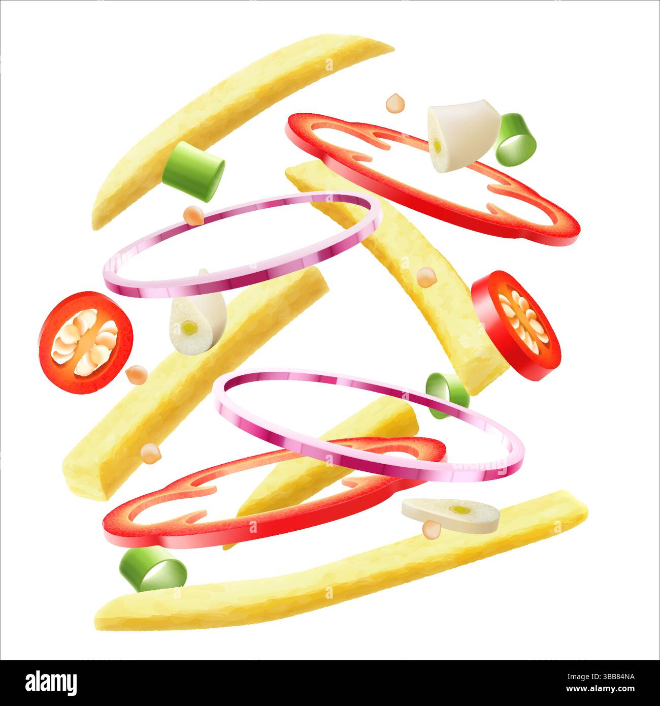 French fries ads, tasty seasoned french fries sticks flying with purple ...