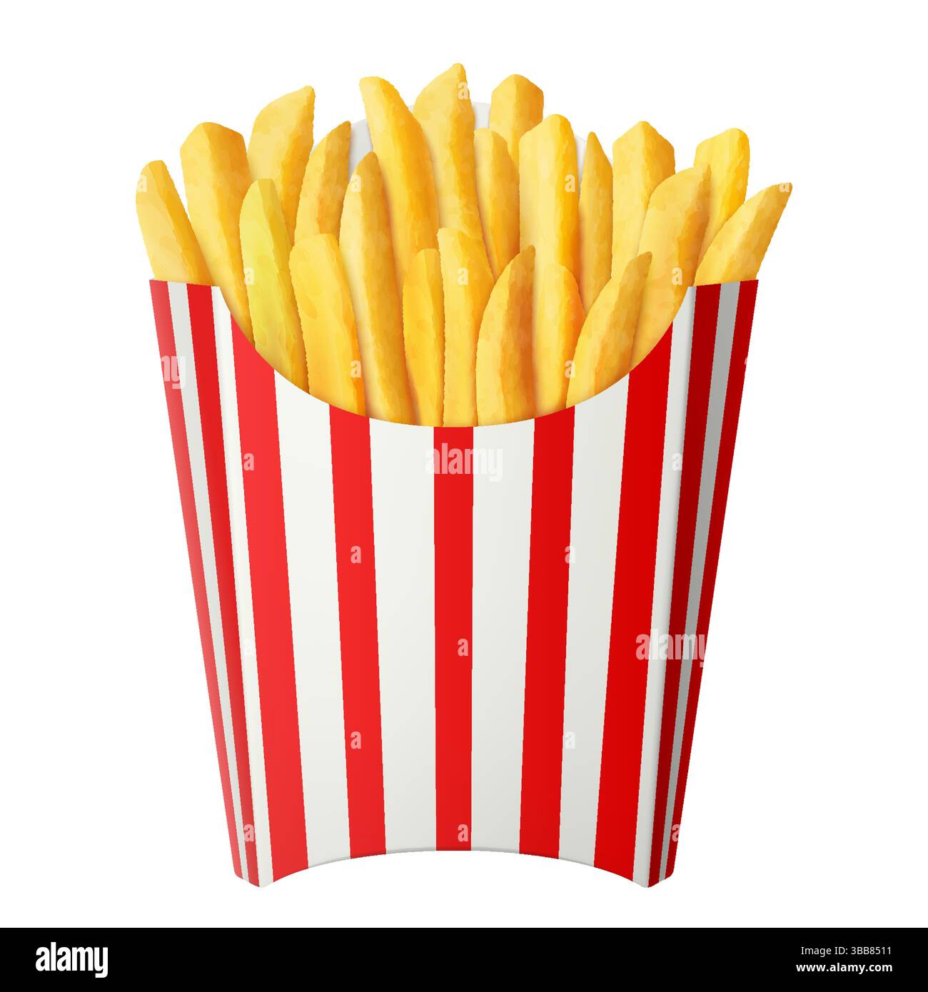 French fries in striped red and white paper french fry box isolated on ...